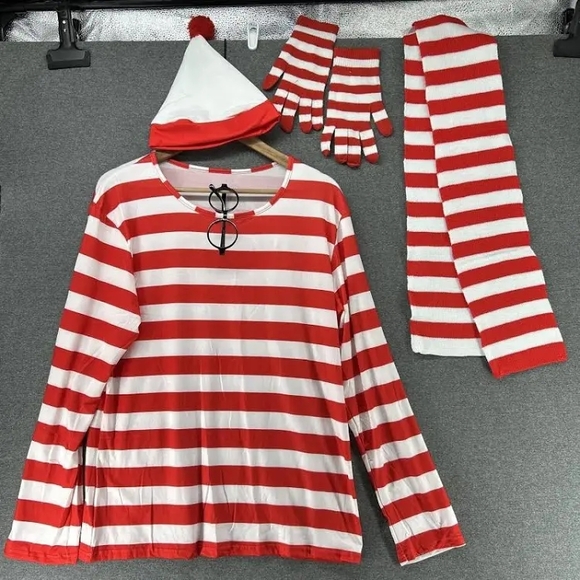 Other | Nwt Waldo Red White Striped Costume Gloves Shirt Glasses Scarf ...